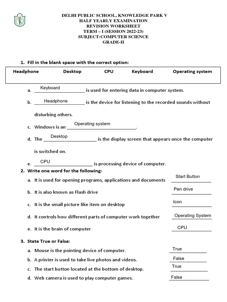 Revision Worksheet - Grade 2-1 | PDF | Computer Keyboard | Operating System