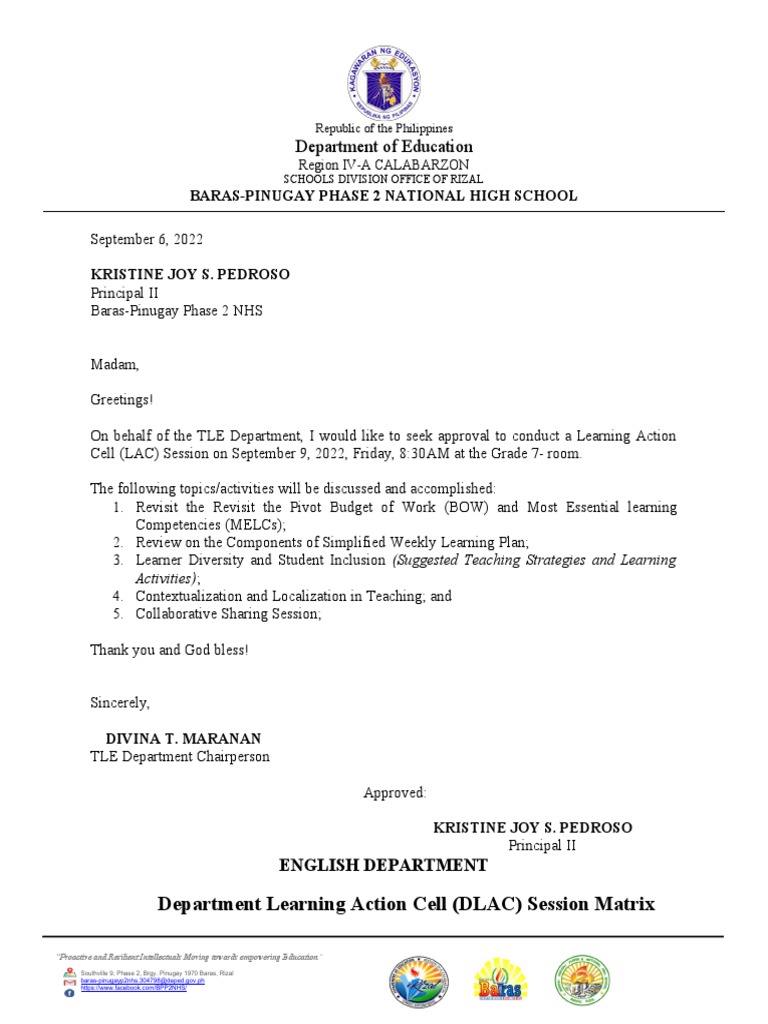 English Dept LAC Matrix Request Letter | PDF | Cognitive Science | Learning