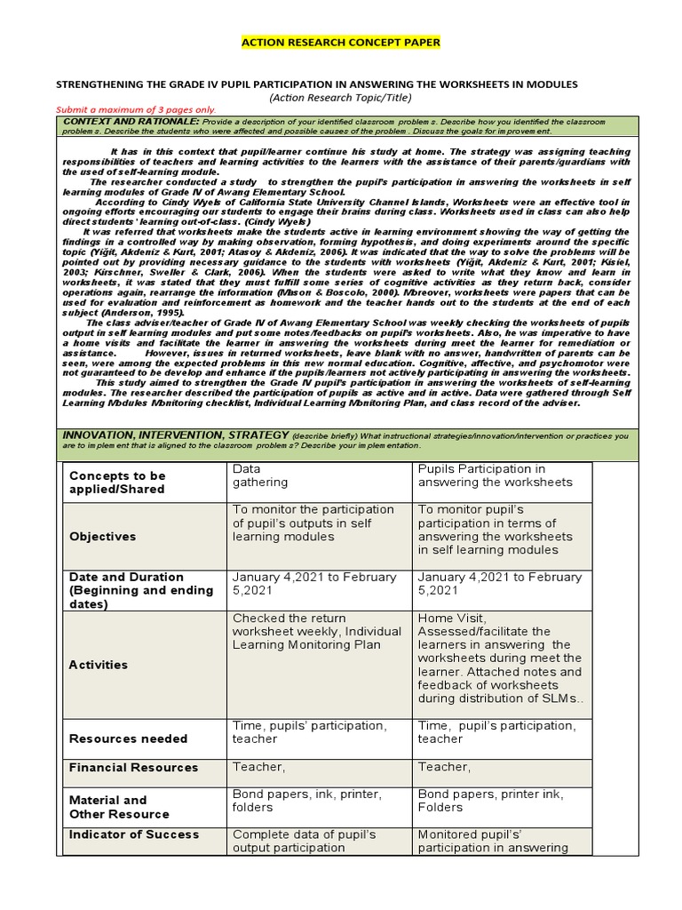 Action Research Concept Paper Draft 1 | PDF | Learning | Worksheet