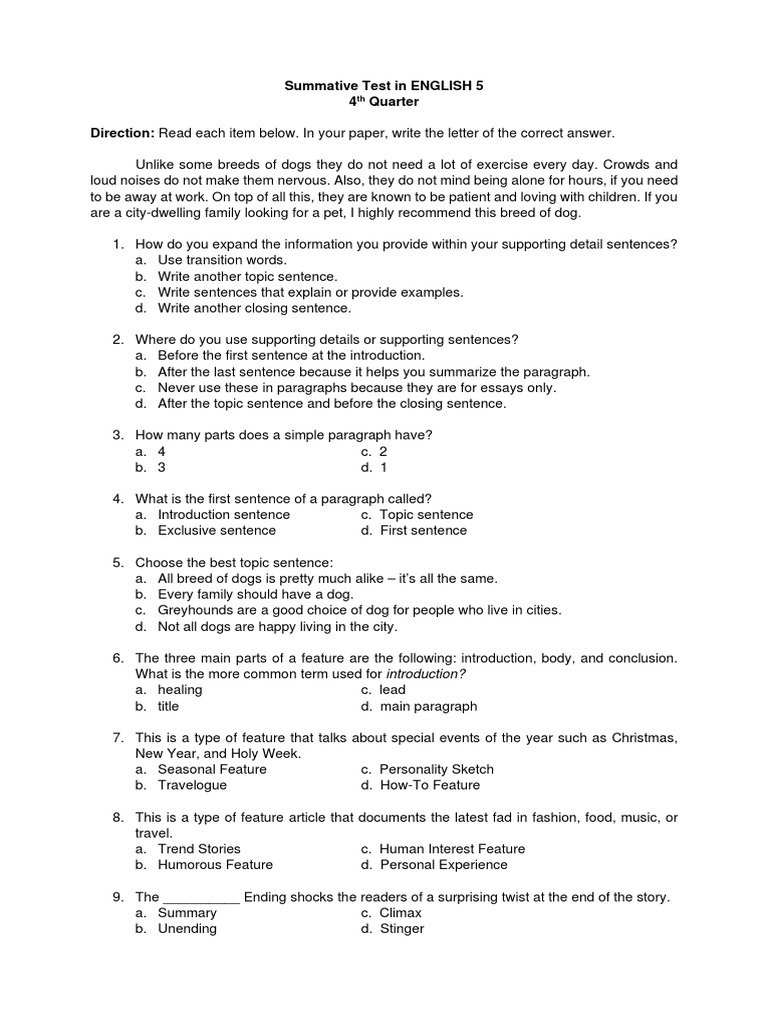 Summative Test in ENGLISH 5 | PDF | Dogs | Psychology
