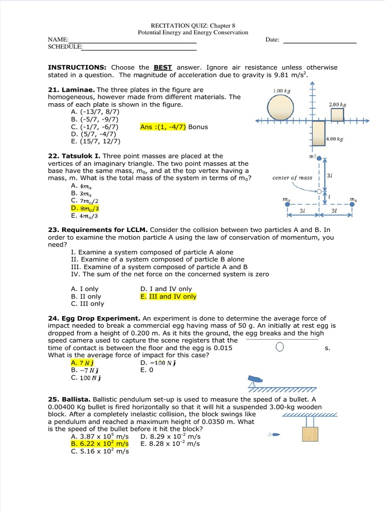 Chapter 8 Energy and Momentum Quiz | PDF | Collision | Mass
