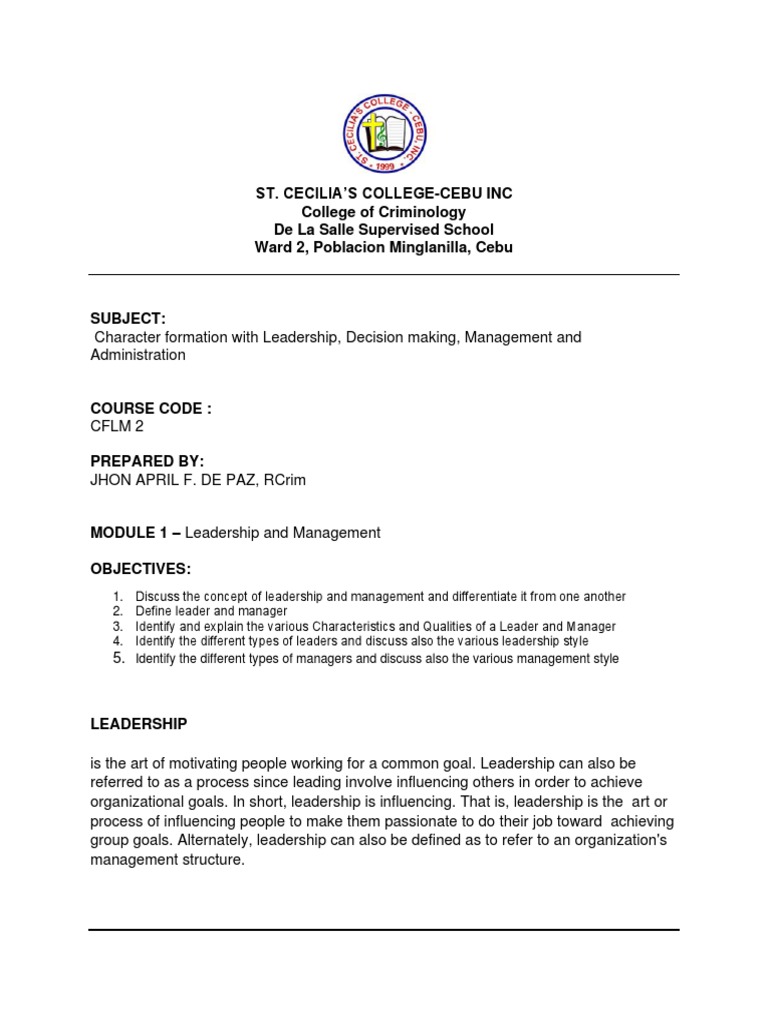 Module 1 CFLM Leadership and Management | PDF | Leadership | Social Psychology