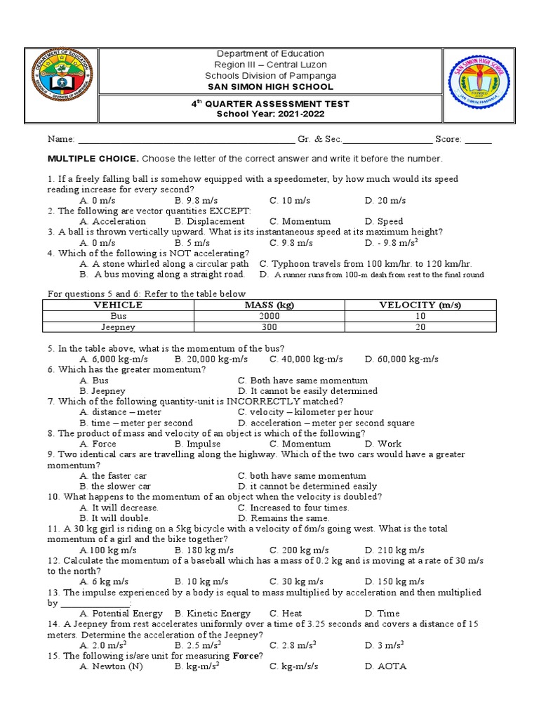 SCIENCE 9 Quarter 4 Assessment Test | PDF | Engines | Diesel Engine
