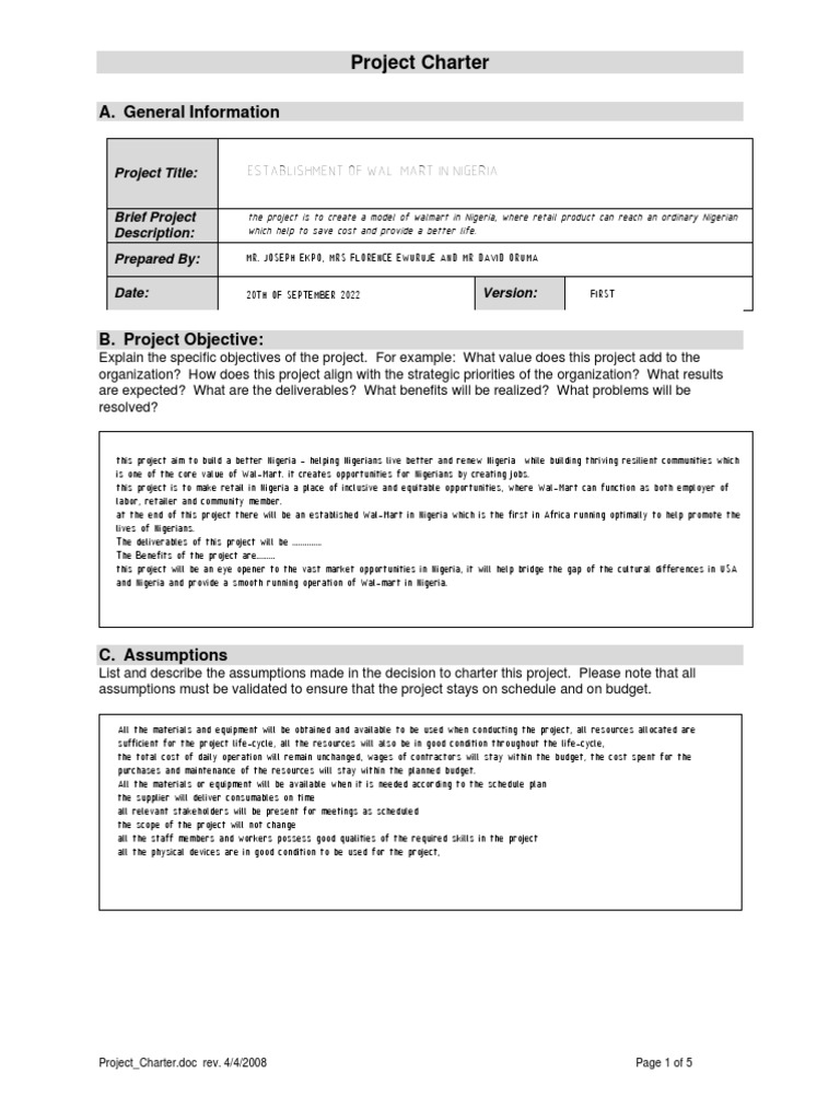 Projecr Charter For The Establishment of Wal-Mart (By Oruma) 1 | PDF | Project Management | Walmart