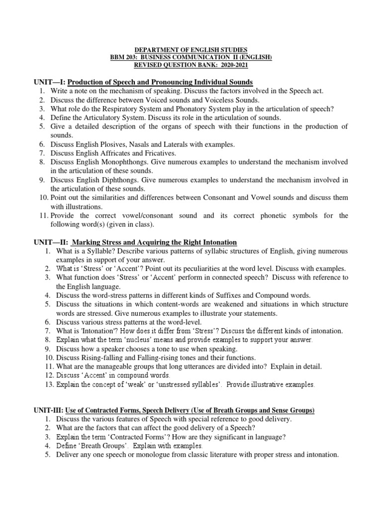 BBM 203 Question Bank 2020-21 | PDF | Stress (Linguistics) | Consonant