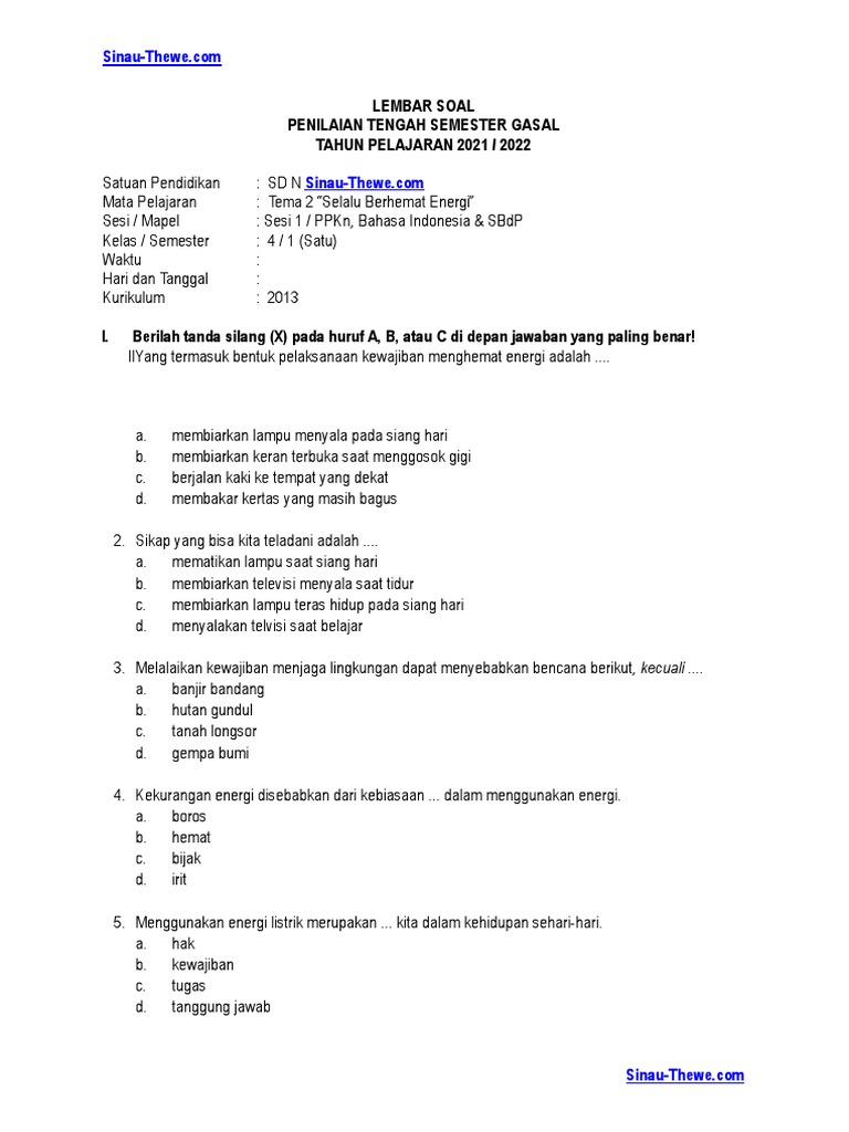 Soal & Jawaban PTS Kelas 4 Tema 2 Semester 1 Tahun 2021 | PDF