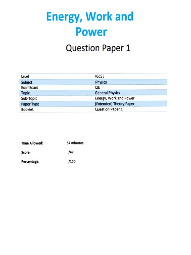 IGCSE Cie Energy Work P1 | PDF | Potential Energy | Power Station