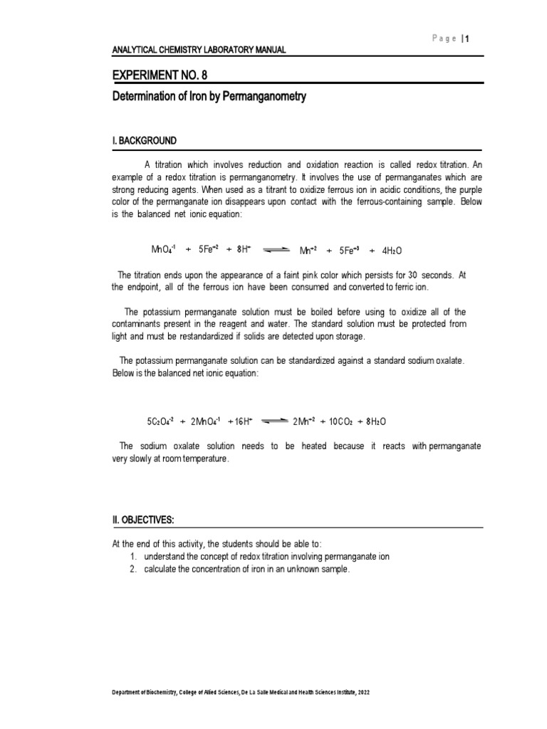 Iron Determination by Permanganometry | PDF | Titration | Chemistry