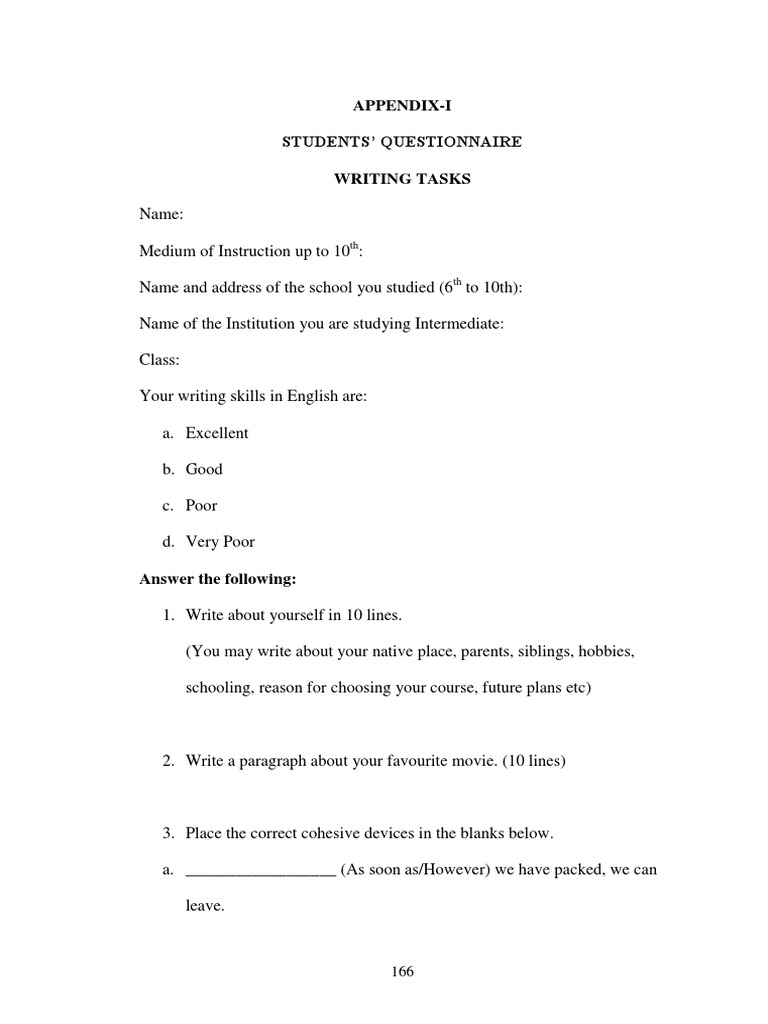 Writing Skills Questionnaire for Intermediate Students | PDF | Teachers ...