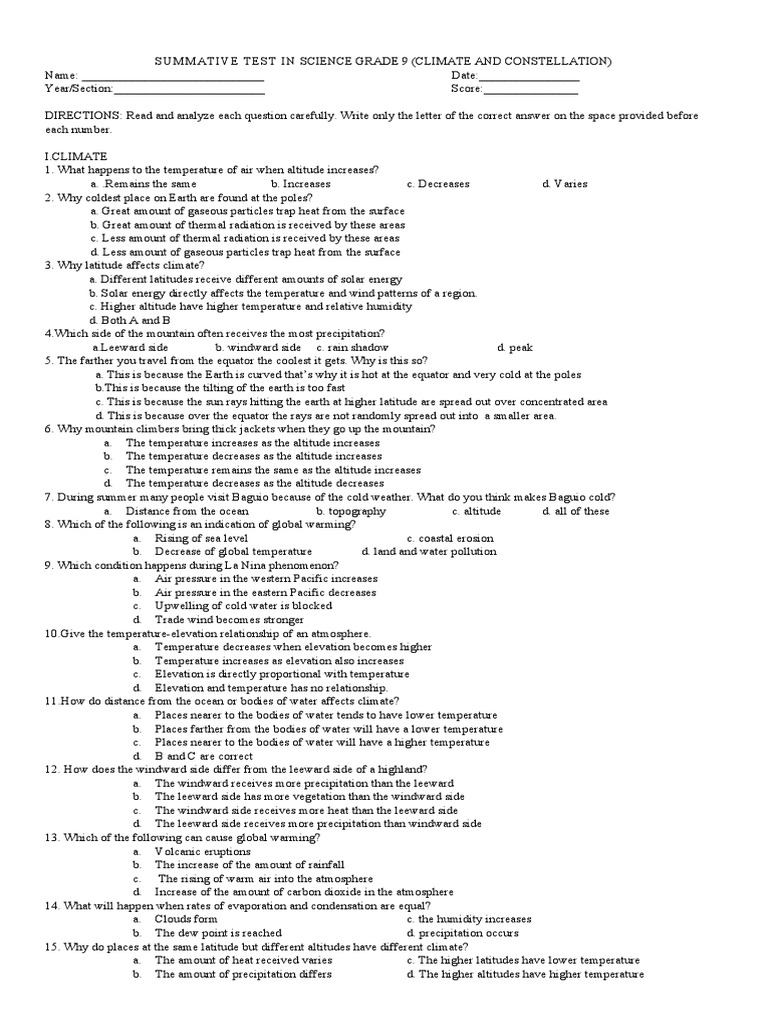 Grade 9 Science Test: Climate & Constellations | PDF | Atmosphere Of ...