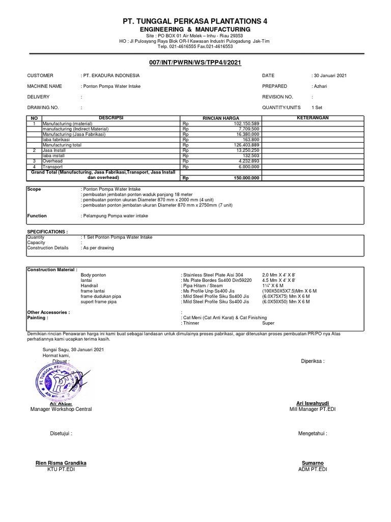 Harga Ponton Pompa Water Intake | PDF