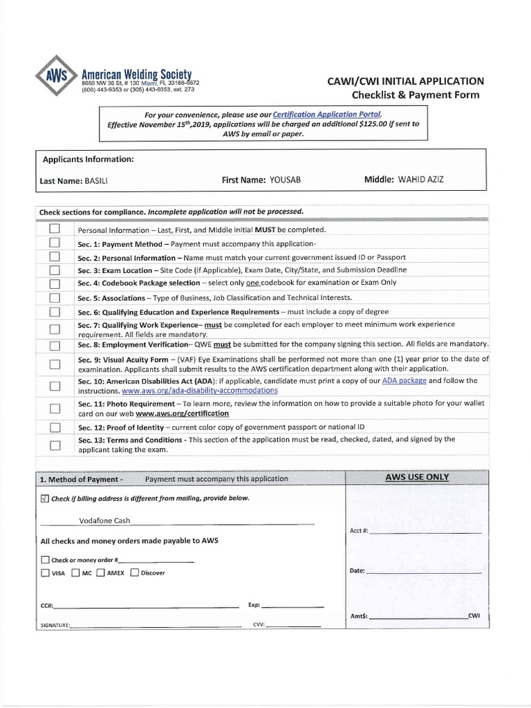 CAWI-CWI Initial Application Checklist & Payment Form | PDF