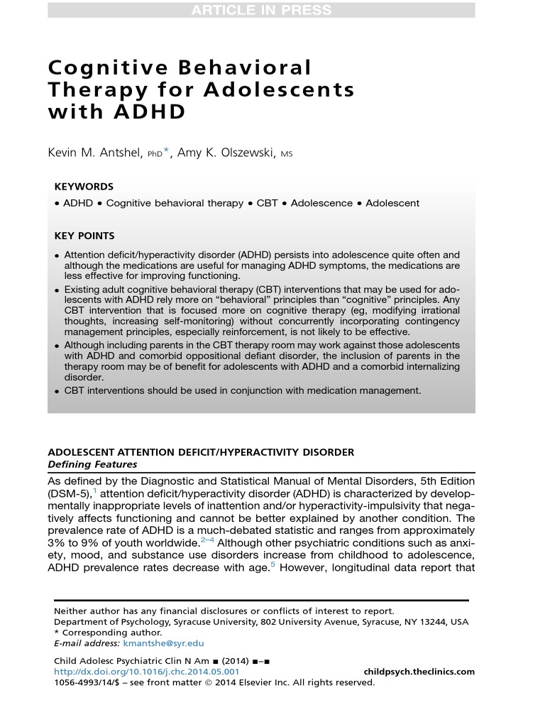 Cognitivebehavioral Therapyforadolescents Withadhd: Kevin M. Antshel,, Amy K. Olszewski | PDF ...