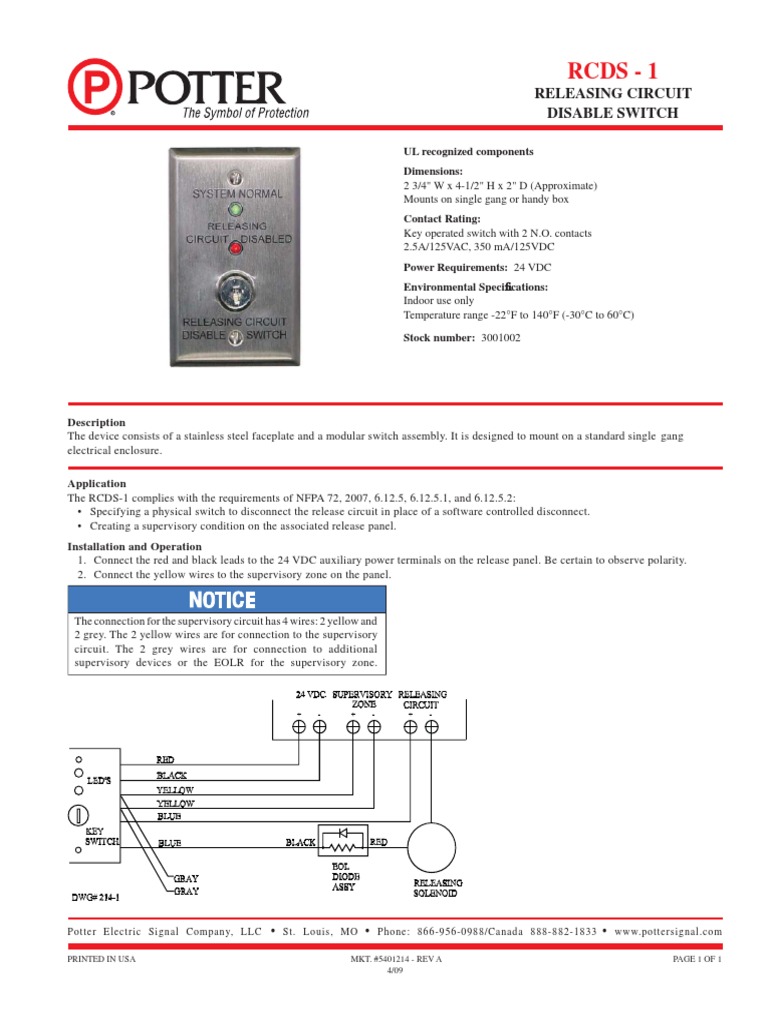 Potter Electric Disable Switch RCDS 1 | Download Free PDF | Switch ...
