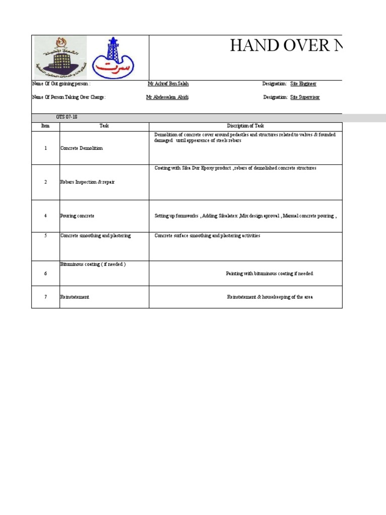 Hand Over Note | PDF | Concrete | Demolition