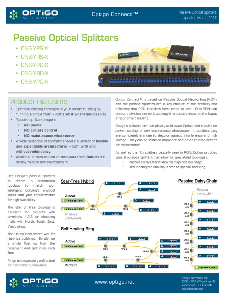 Passive Optical Splitters: - Ons-Yps-X - Ons-Yrs-X - Ons-Ypd-X - Ons ...