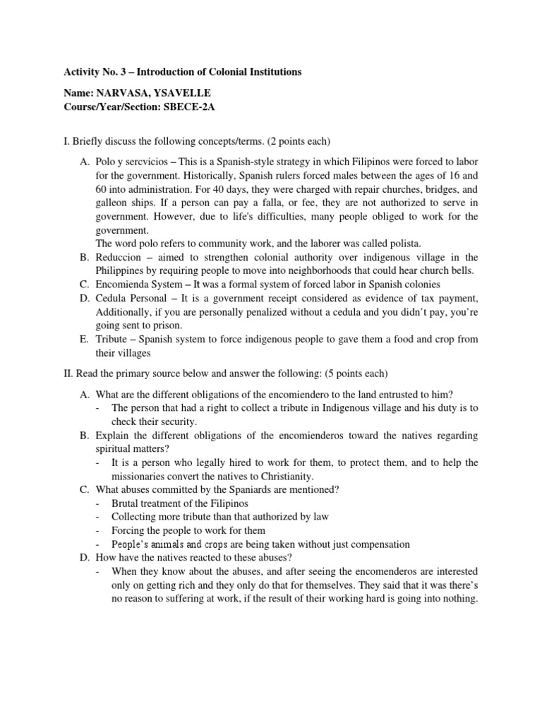 Activity No. 3 - Introduction of Colonial Institutions | PDF