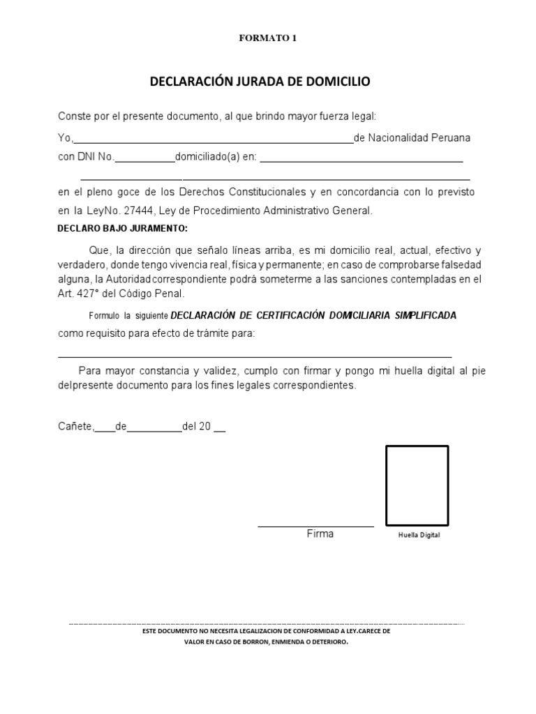 Formato Declaracion Jurada Domicilio - PDF 111 | PDF