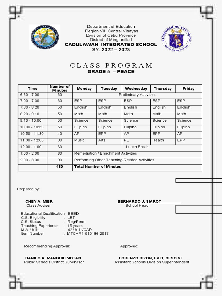 Grade 5 Class Program Overview | PDF