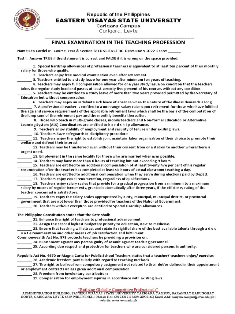 Final Examination in The Teaching Profession | PDF | Teachers | Salary