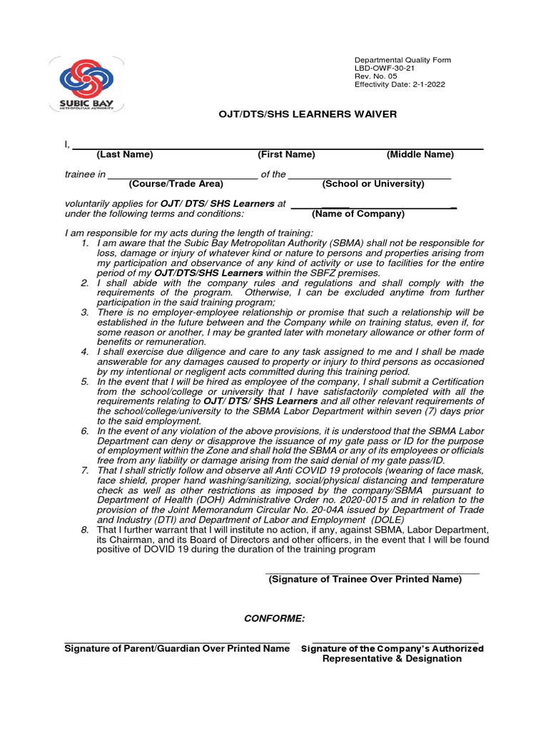 OJT and Grade-12 Learners Waiver Form | PDF | Career & Growth | Business