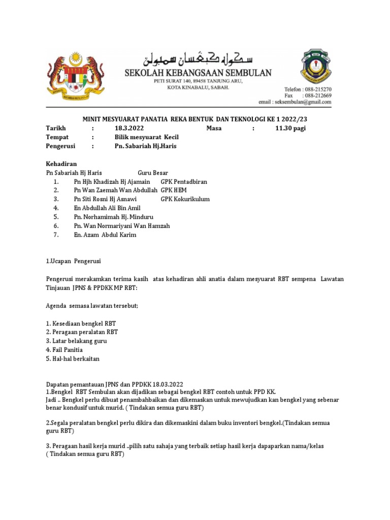 Minit Mesyuarat RBT1 | PDF