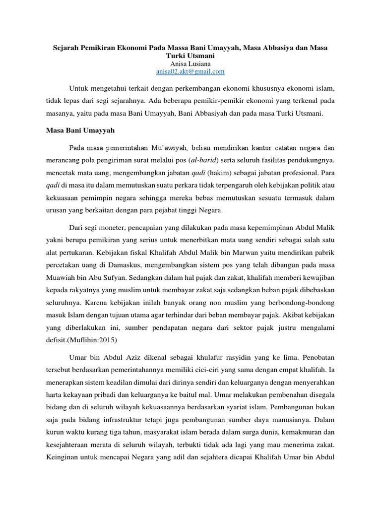 Sejarah Pemikiran Ekonomi Pada Massa Bani Umayyah, Abbasiyah Dan Turki Utsmani | PDF | Politik