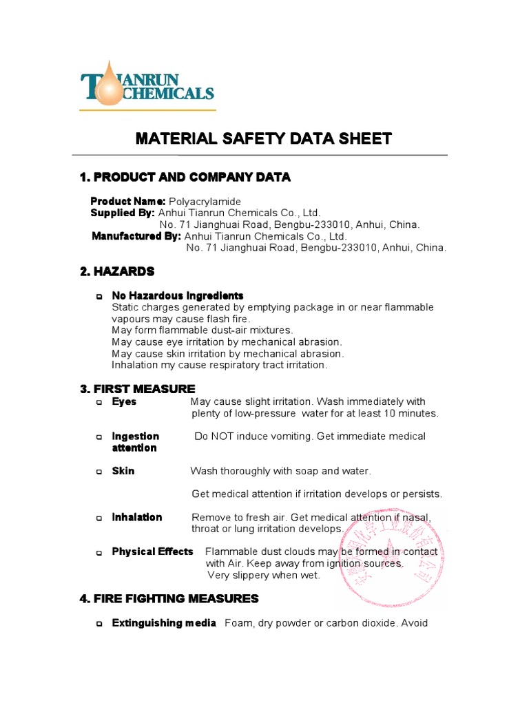 MSDS ANIONIC & CATIONIC TIANRUN (1) | PDF | Personal Protective ...