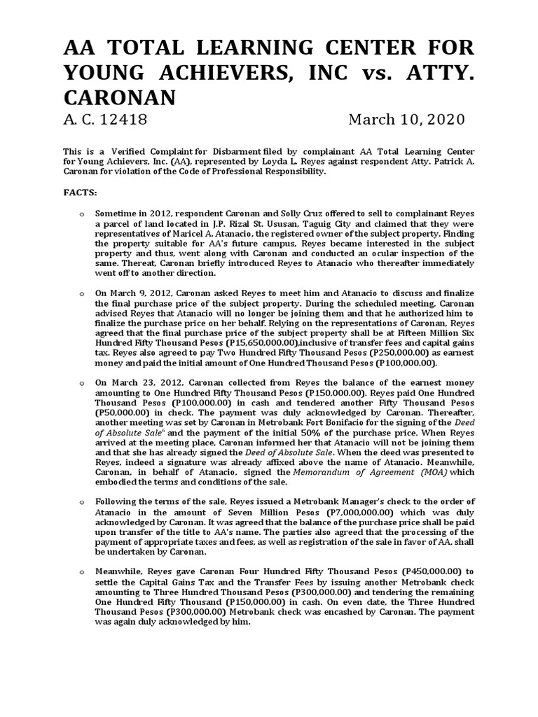 AA TOTAL LEARNING CENTER FOR YOUNG ACHIEVERS, INC vs. ATTY. CARONAN ...