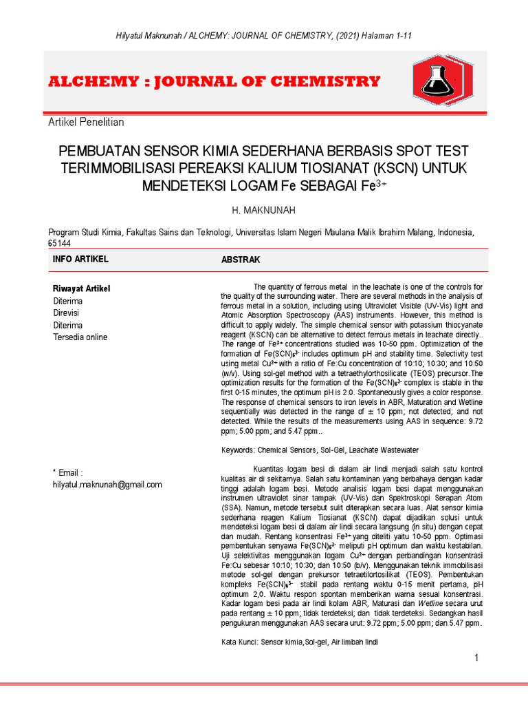 JURNAL Pembuatan Sensor Kimia Sederhana Untuk Mendeteksi Logam Fe | PDF ...