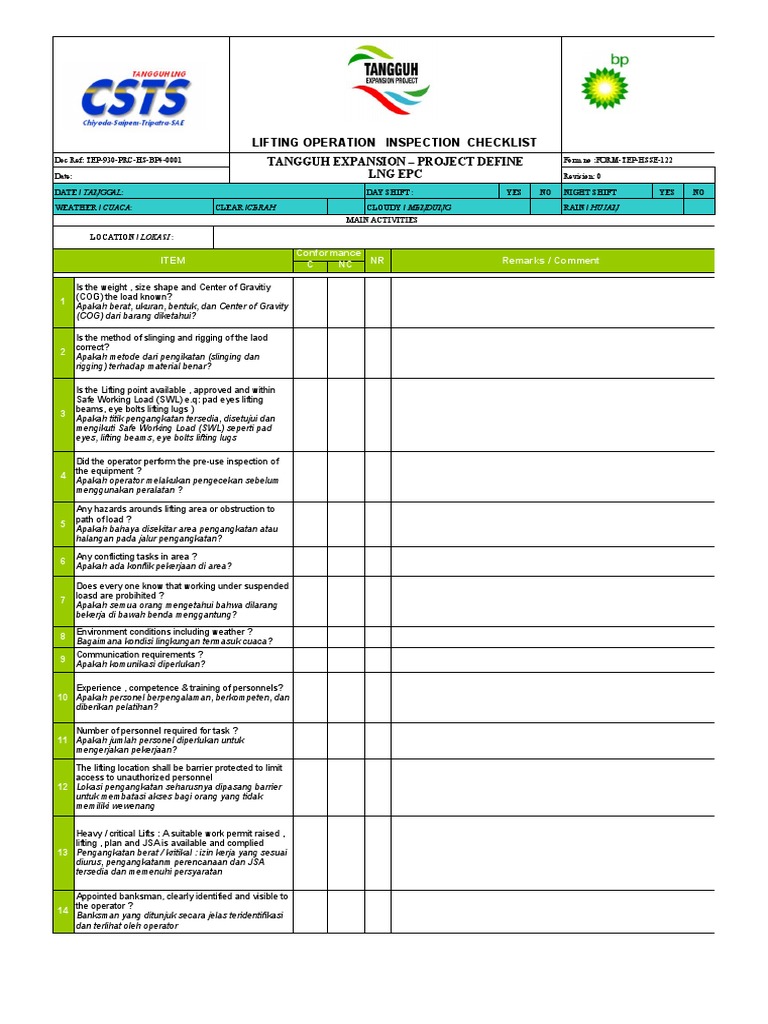 11.LIFTING OPERATION Inspection Check List - Bilingual | PDF
