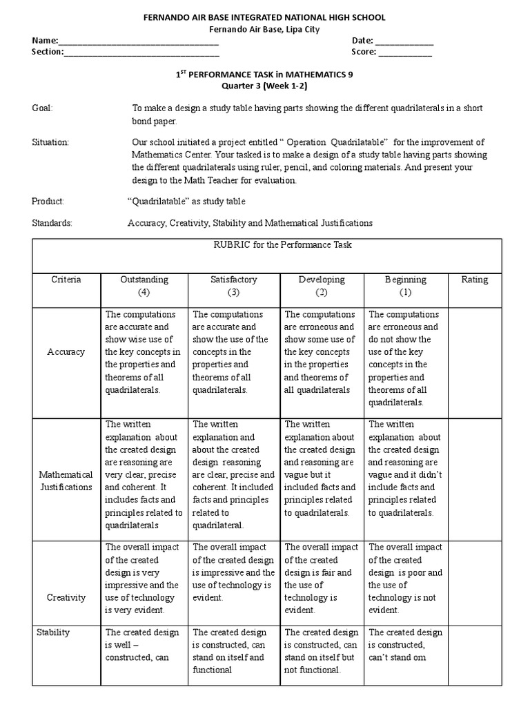 3rd QTR - FIRST Performance Task | PDF | Rubric (Academic) | Mathematics