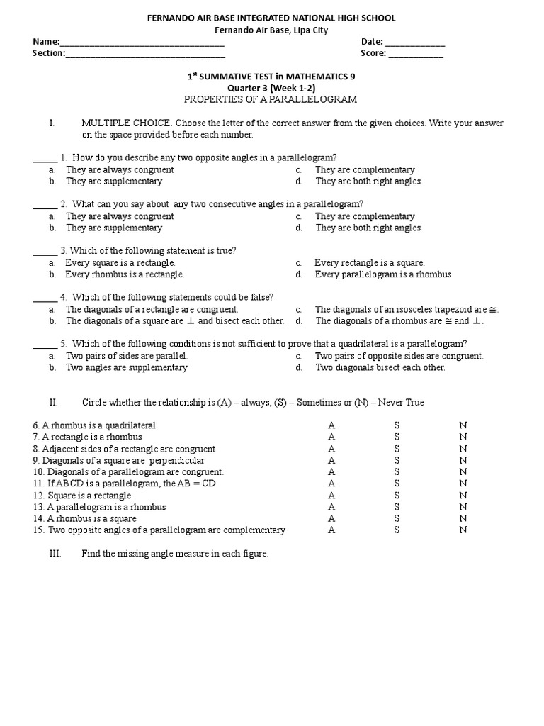 3rd QTR - FIRST Summative Test | PDF | Rectangle | Elementary Mathematics