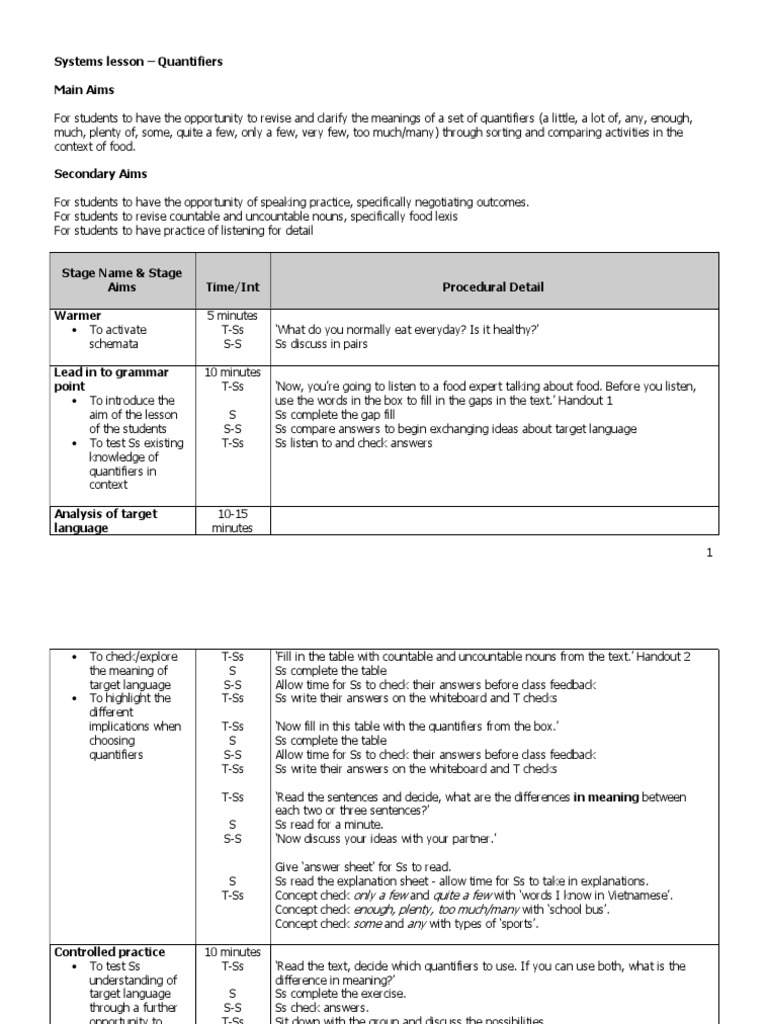 Lesson Plan Quantifiers | PDF | Cognitive Psychology | Learning