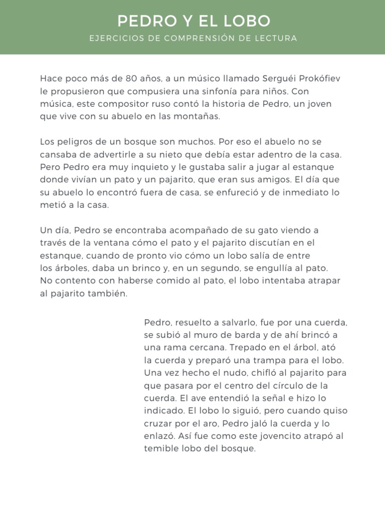 Pedro y El Lobo 80 Ejercicios de Compresión de Lectura | PDF