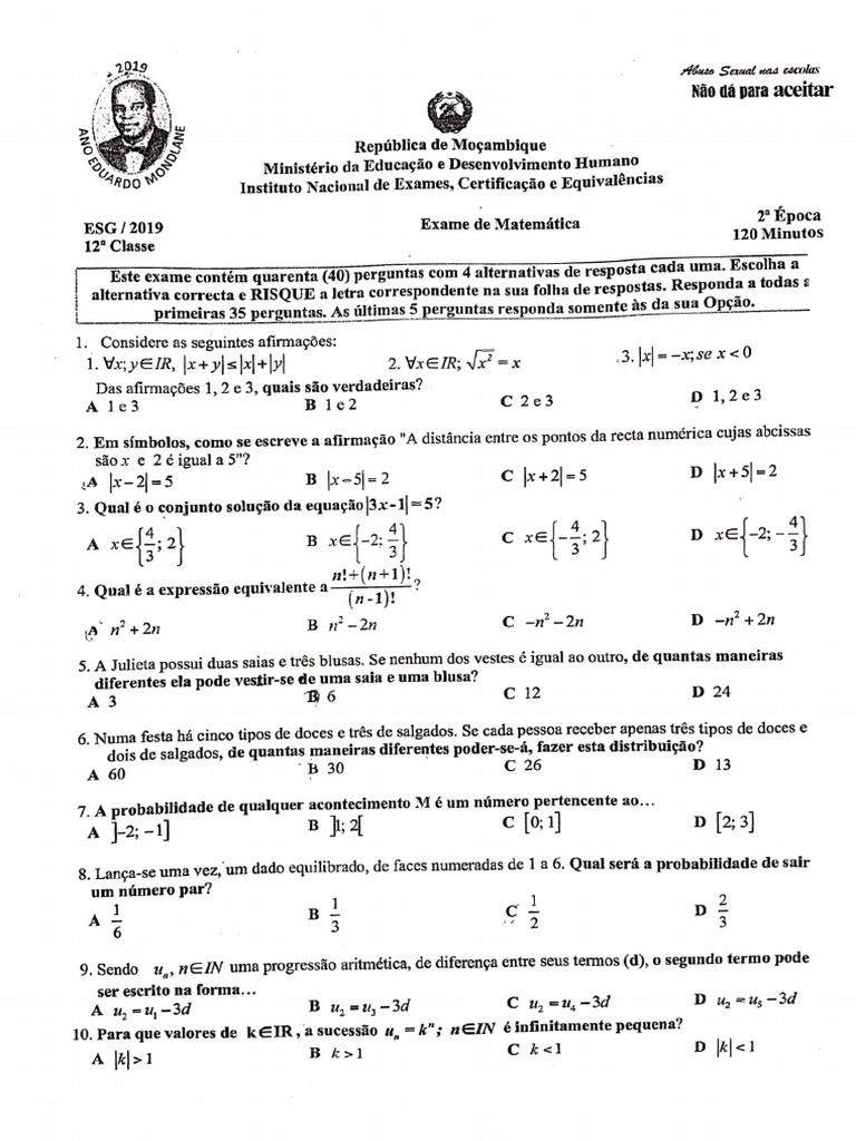 Matematica-2019-12a Classe-2a Epoca | PDF