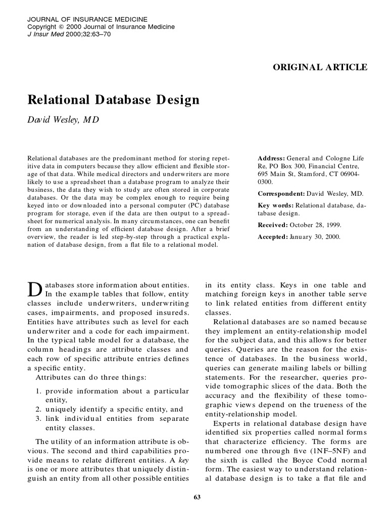 Relational Database Design: David Wesley, MD | PDF | Databases | Relational Database