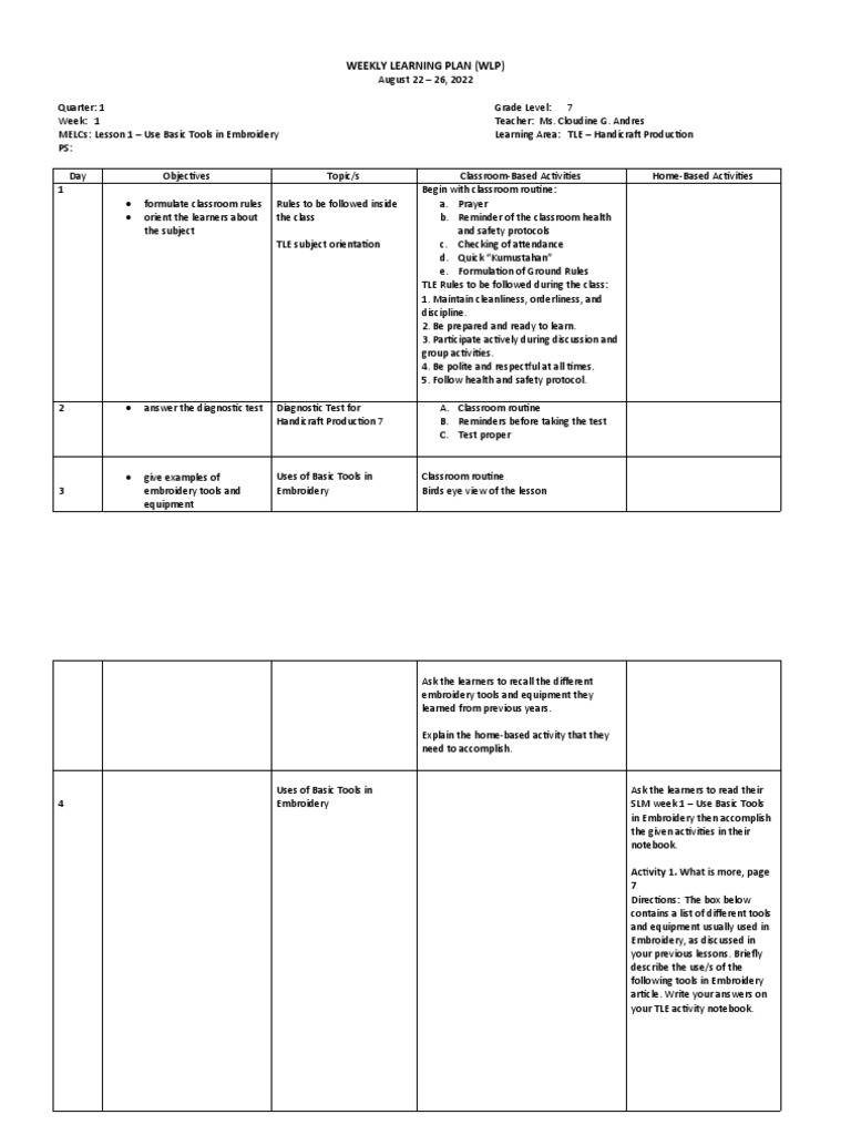 Weekly Learning Plan for TLE Grade 7-8 | PDF | Learning | Sewing