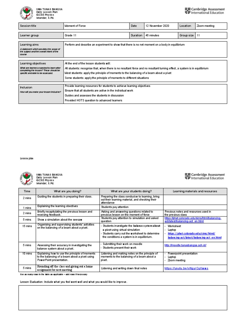 IGCSE Physics Lesson Plan: Moment of Force | PDF | Lesson Plan | Learning