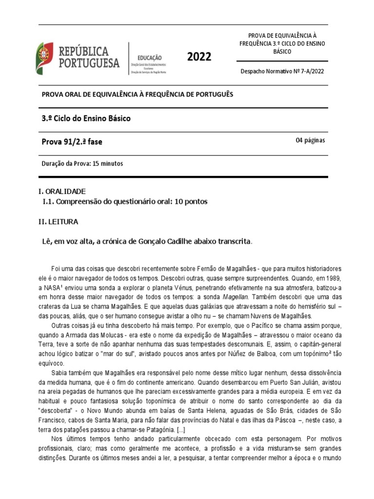 Prova Oral. PORTUGUÊS. 91. 2022. 2.ª Fase. Enunciado ALUNOS | PDF
