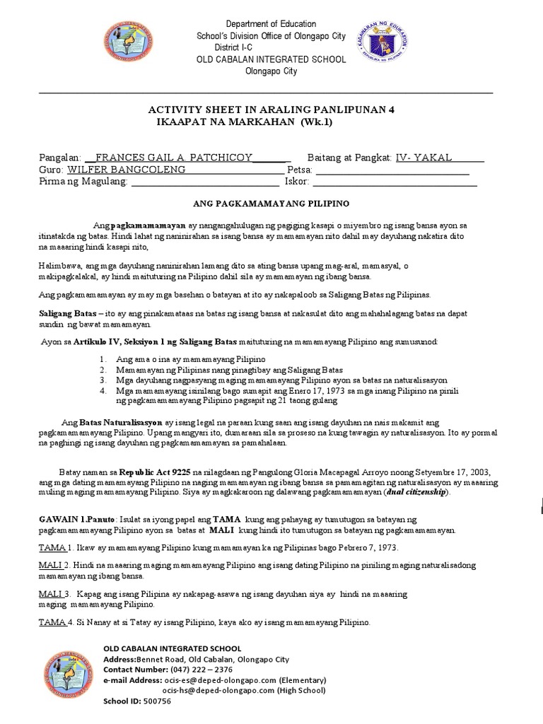 Activity Sheet - A.p.-Wk.-1-3-Q4 (4) Patchicoy Frances Gail | PDF