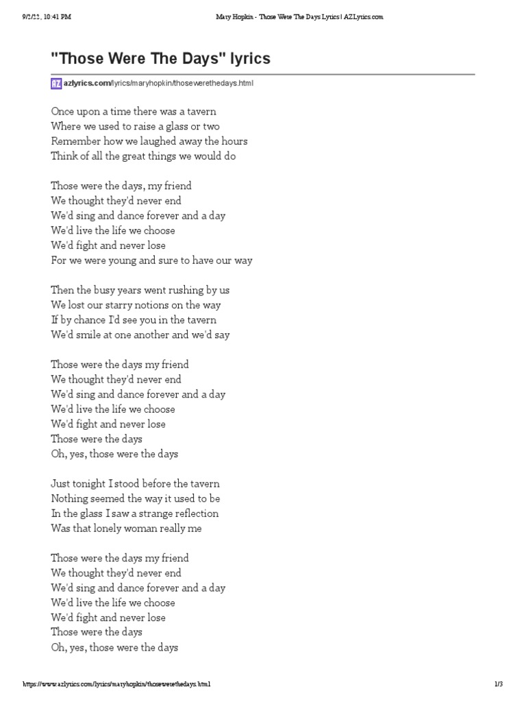 Mary Hopkin - Those Were The Days Lyrics | PDF | Poetry | Classics
