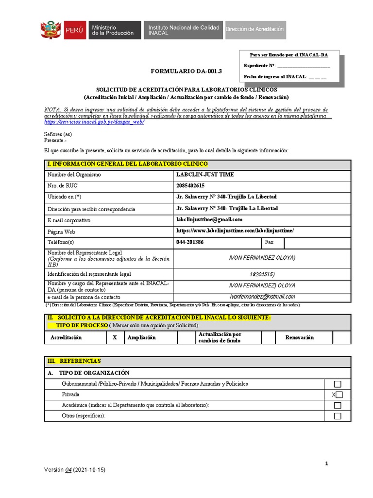 Formatos - Laboratorios Clinicos - DA-001.3 V04 Formulario Solicitud ...