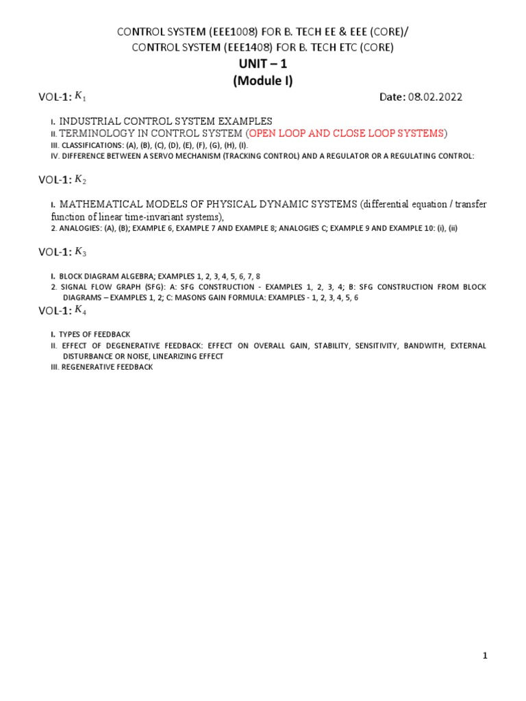 Control System Unit 1 (5 TH Sem.) | PDF | Control Theory | Control System