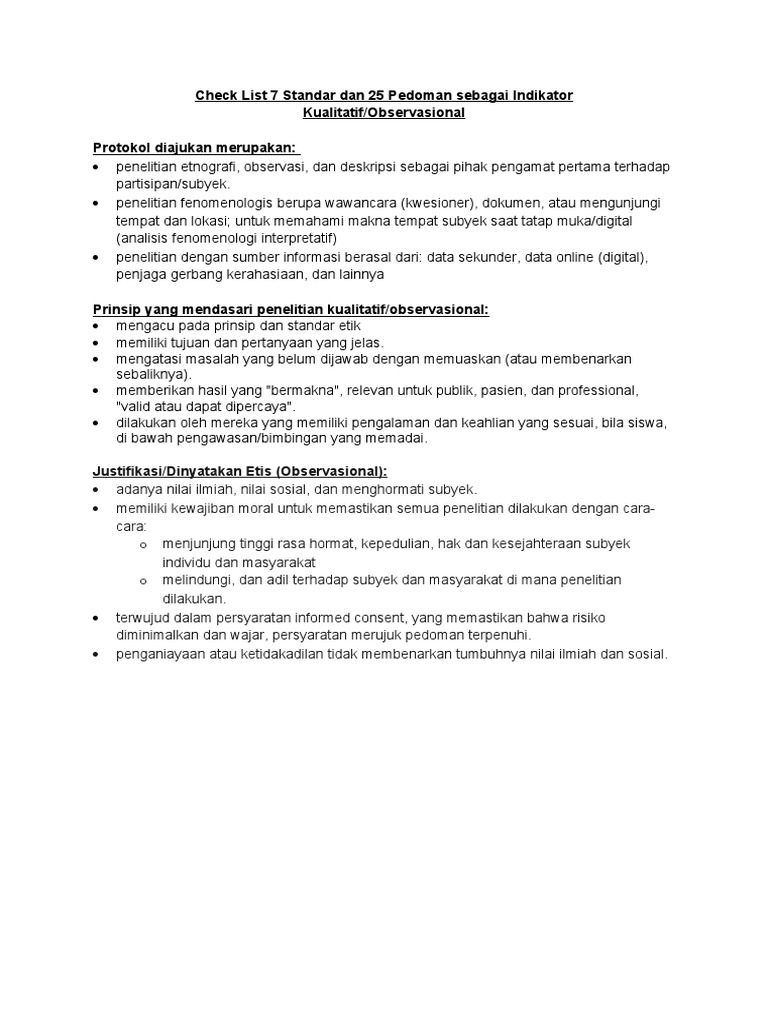 Check List Standar Dan Indikator Kuali | PDF