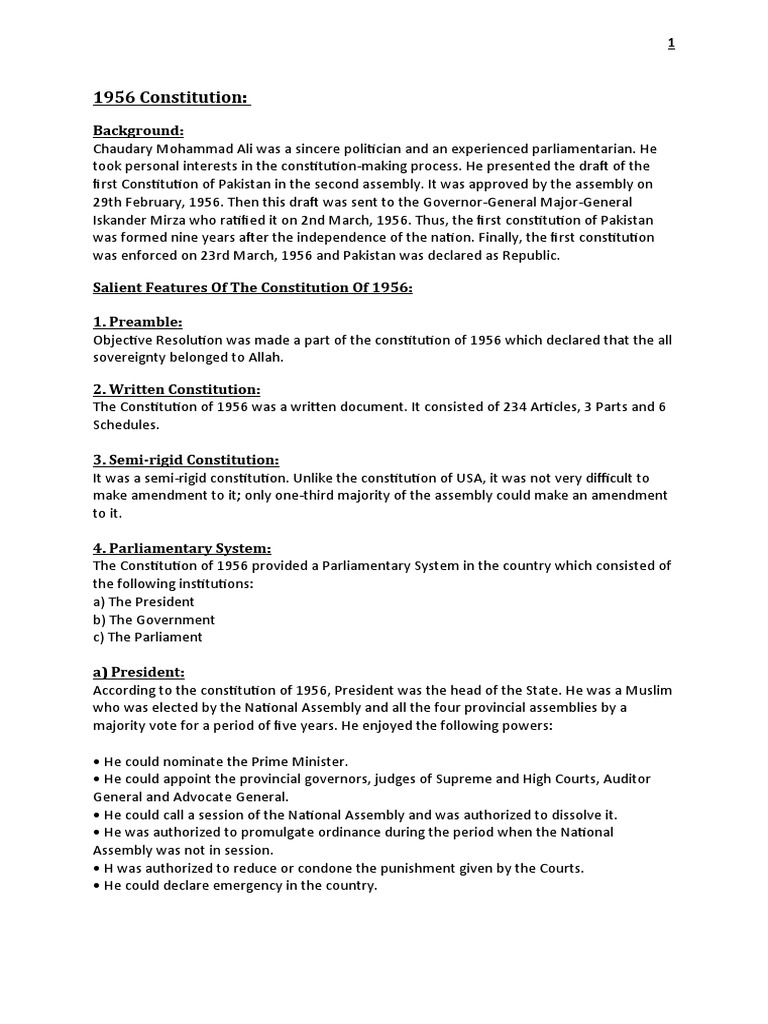 Salient Features of 1956, 1962, 1973 Constitution | PDF | Parliament Of Pakistan ...