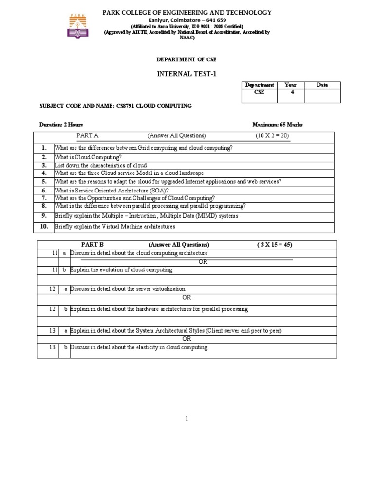 1. CLOUD COMPUTING - UNIT 1 - Question Paper | PDF | Cloud Computing ...
