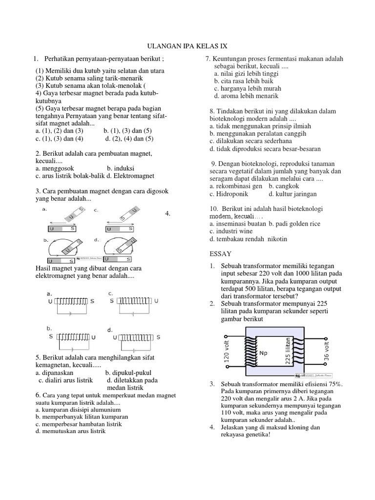 Ulangan IPA Kelas IX: Magnet dan Bioteknologi | PDF