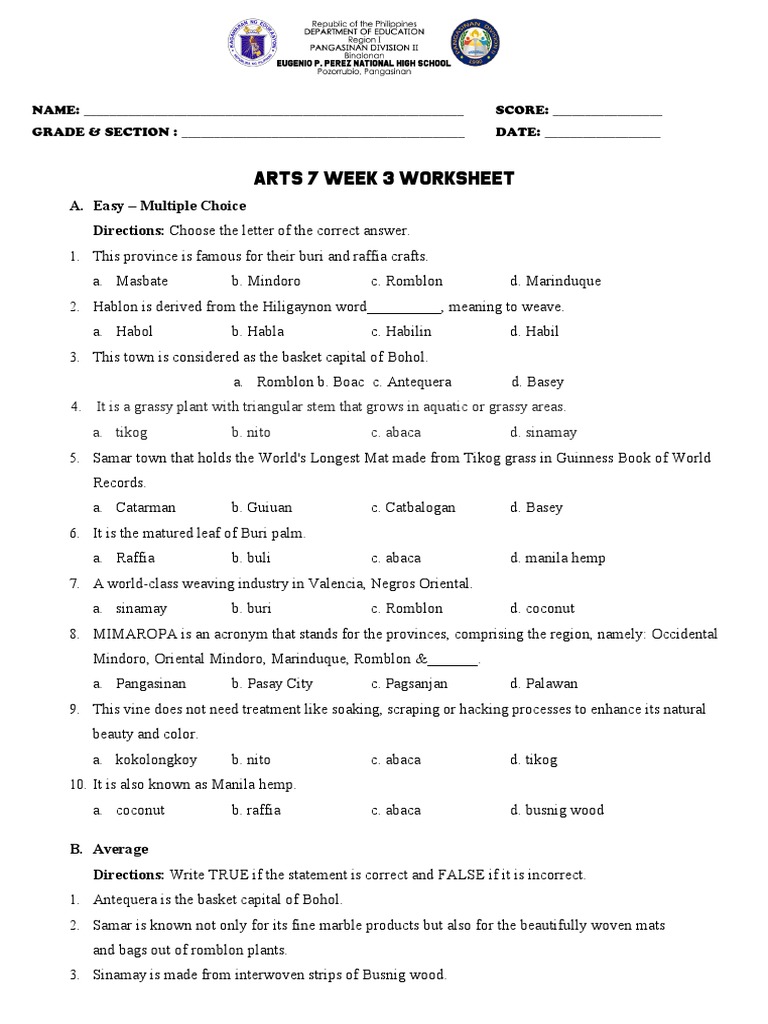 ARTS 7 wk.3-7 Worksheet | PDF | Weaving | Textiles