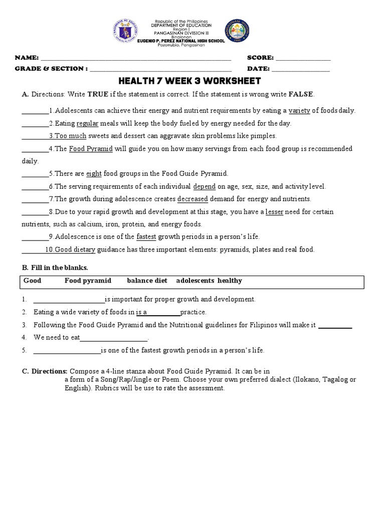 HEALTH 7 wk.3-7 Worksheet | PDF | Malnutrition | Eating Disorder